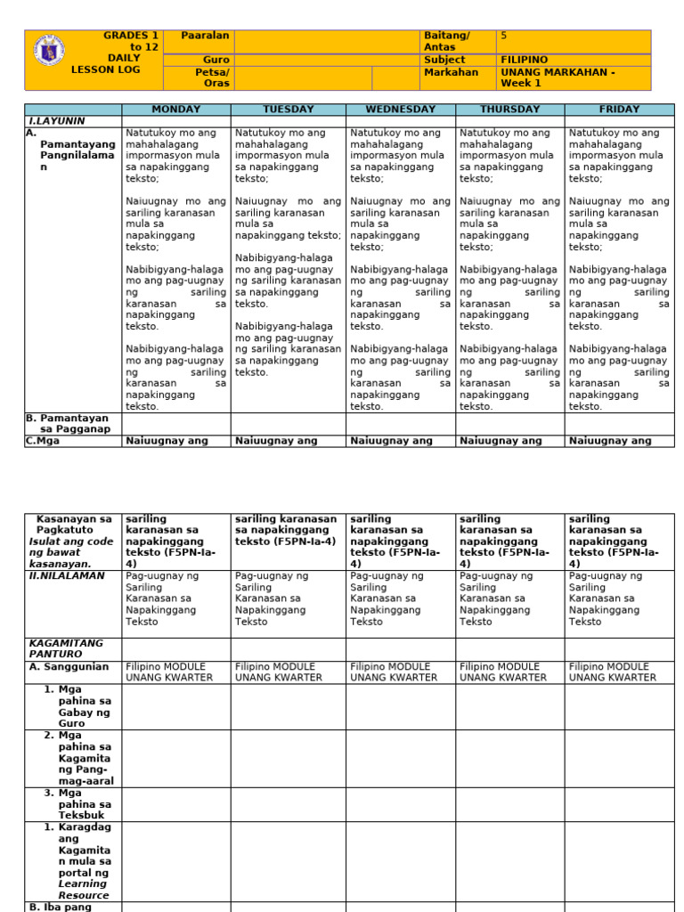 DLL g5 Week 1 Filipino | PDF