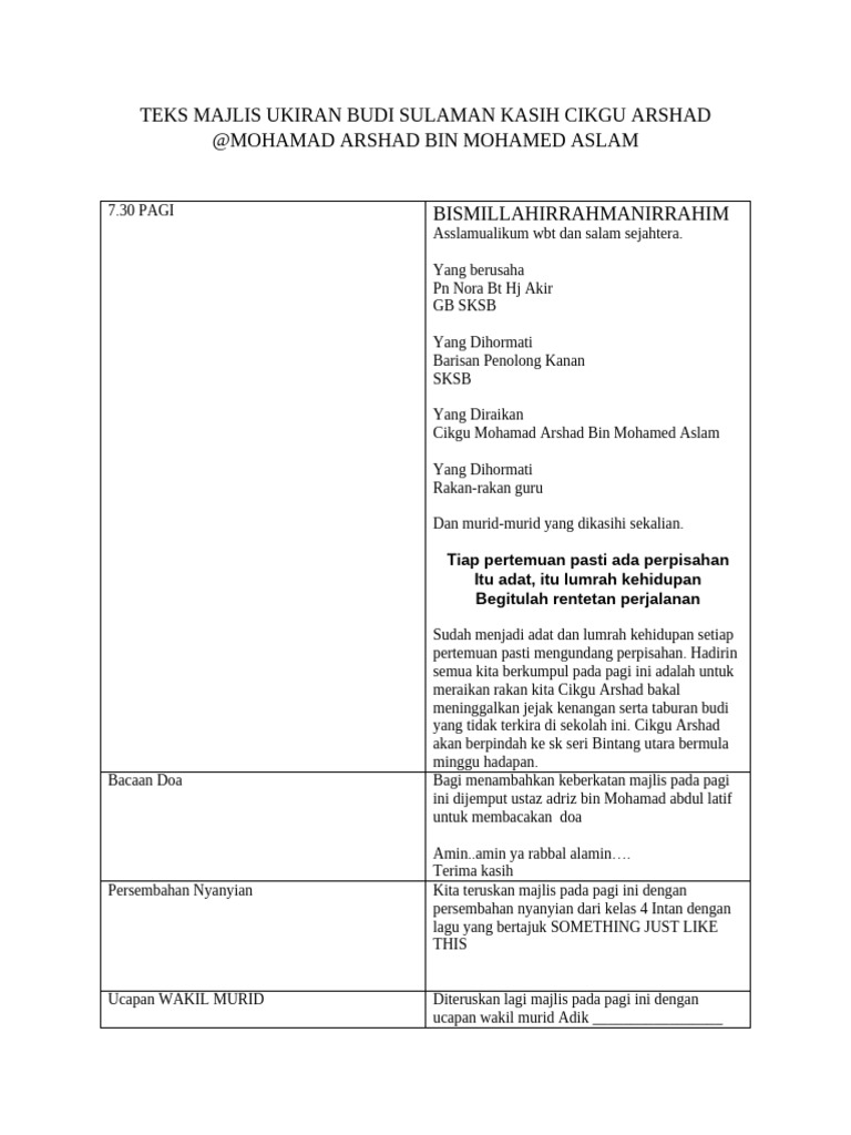 Teks Majlis Perpisahan Cikgu Arshad | PDF