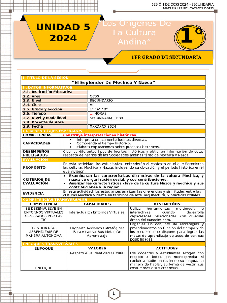 1º Sesiones Sem 3 Uni 5 - CCSS 2024 | PDF