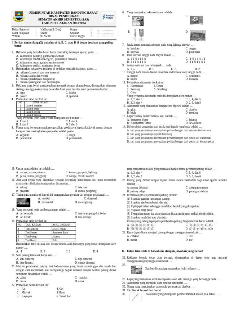 Kelas 6 Master Soal Pat SBDP 2024 | PDF