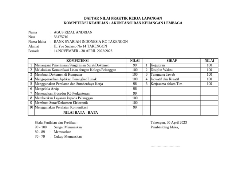 Form_Nilai Sertifikat PKL AKUNTANSI | PDF