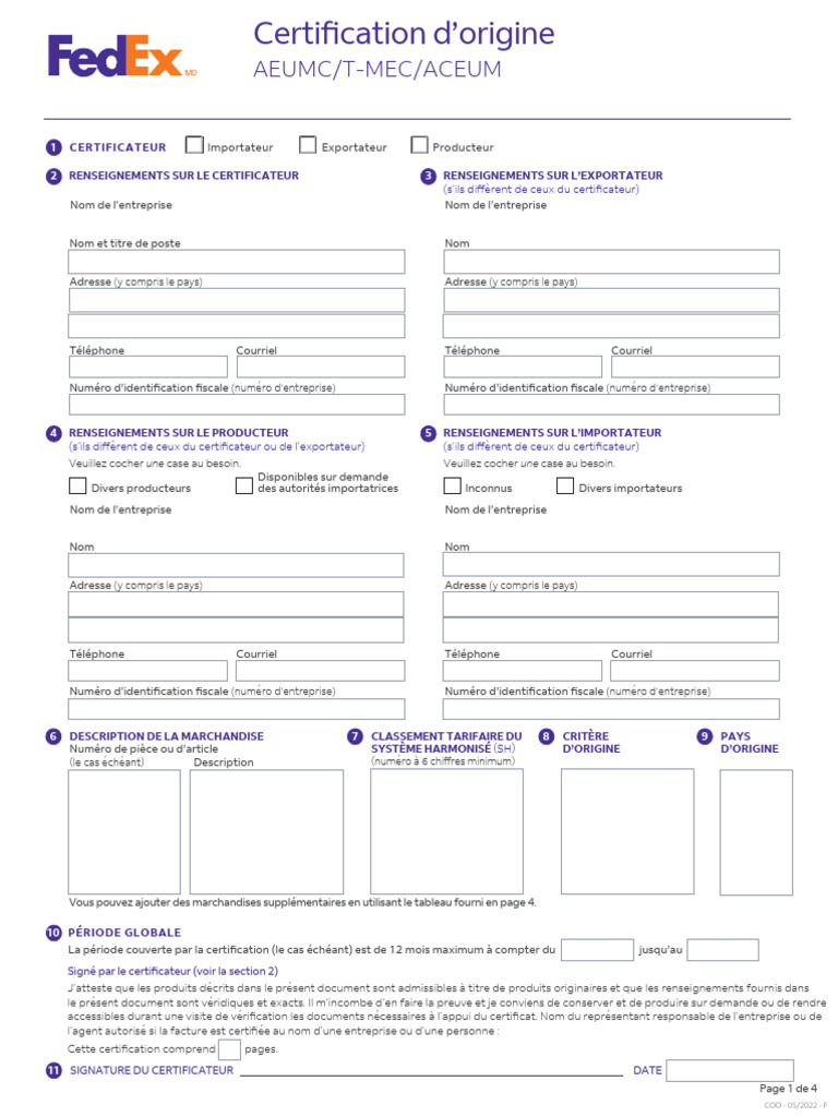 CA FR FedEx CUSMA Certificate-Of-Origin-Form | PDF
