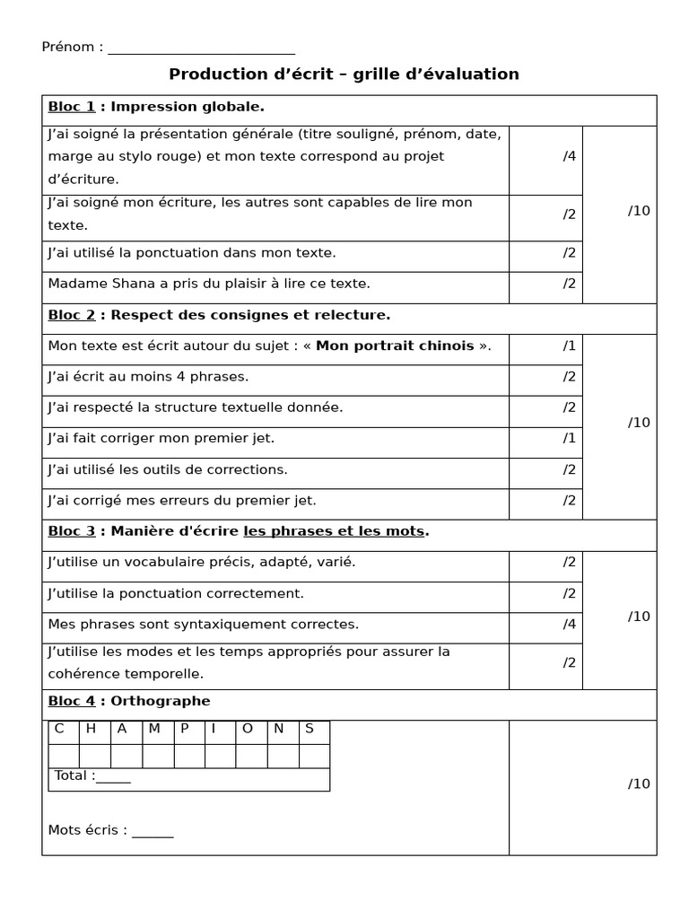 Production D'écrit - Grille D'évaluation - PORTRAIT CHINOI | PDF