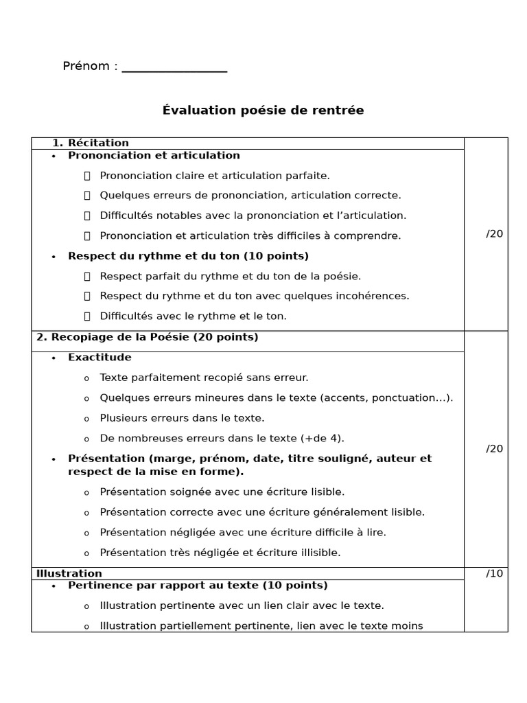 Grille D'evaluation Poesie Copie | PDF