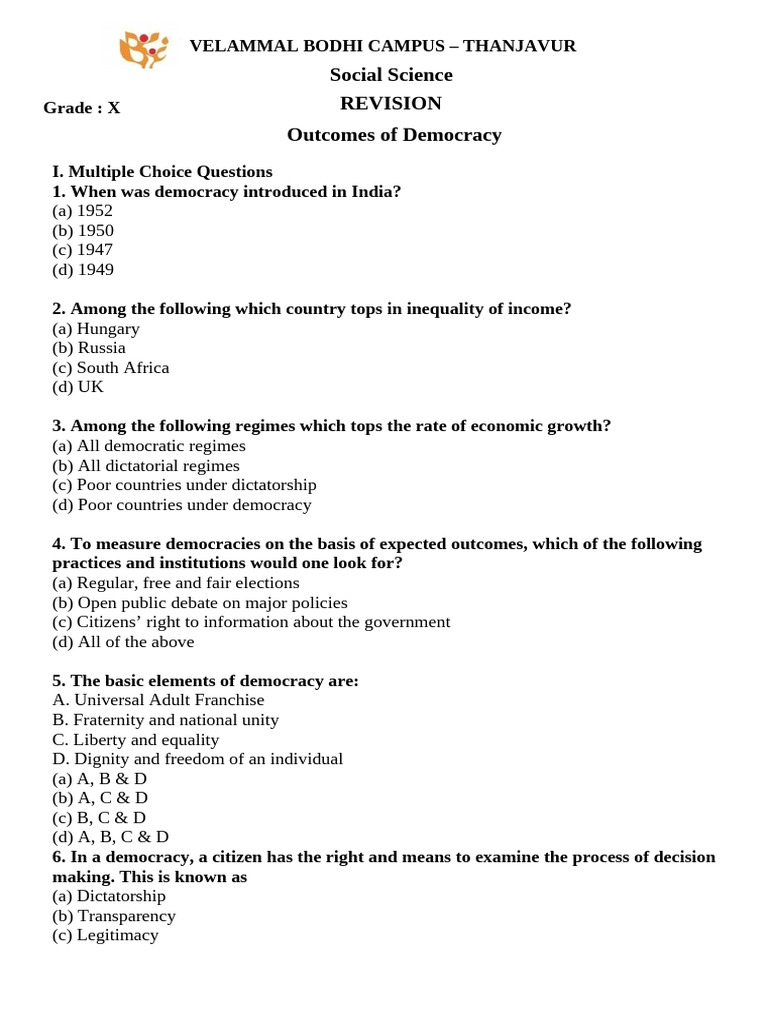Class 10 MCQs on Democracy Outcomes | PDF | Democracy | Political ...