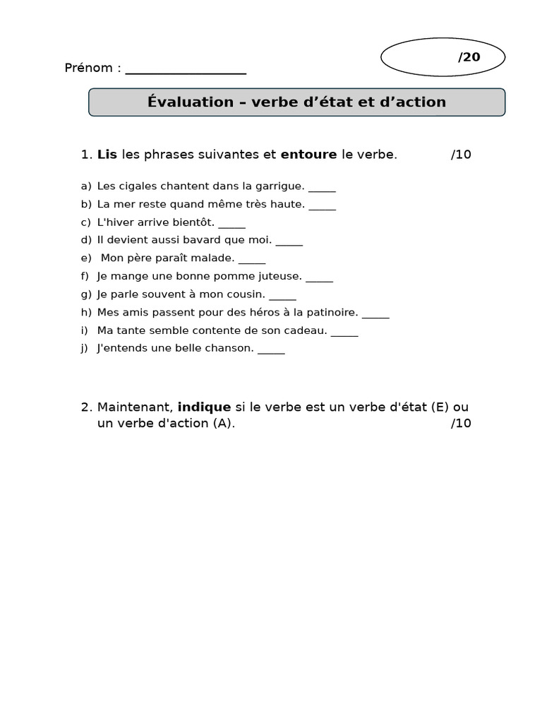 Evaluation Verbe D'état Et Verbe D'action | PDF