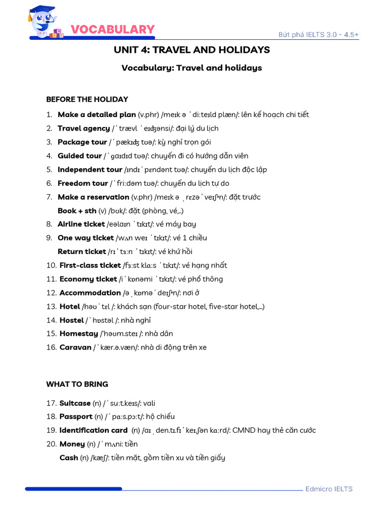 Khóa 2_Unit 4_Travel and holiday | PDF
