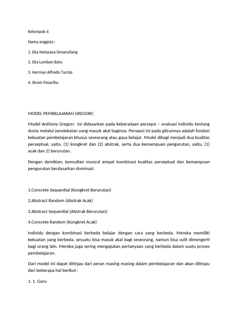 Model Pembelajaran Gregorc - Kelompok 4 | PDF
