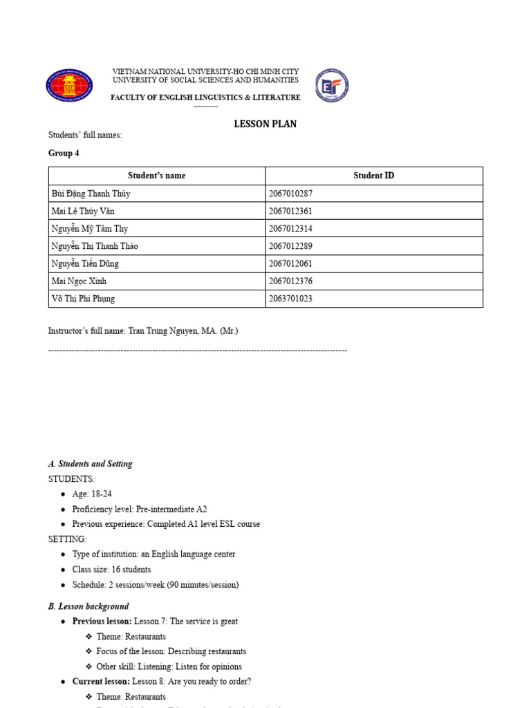 Lesson Plan - Group 4 | PDF | Menu | Vocabulary