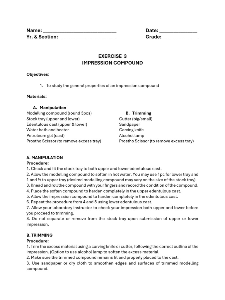 Exercise 3 4 Impression Compound | PDF | Wax | Art