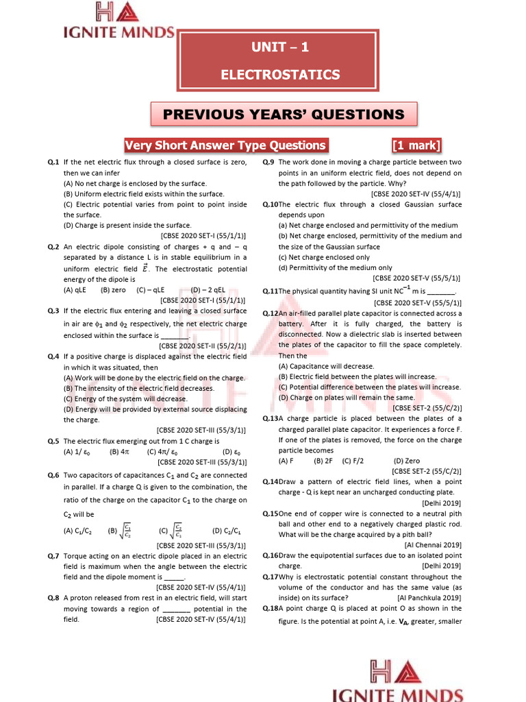 Ha-Previous Year Ques-Electrostatics-1-18 | PDF