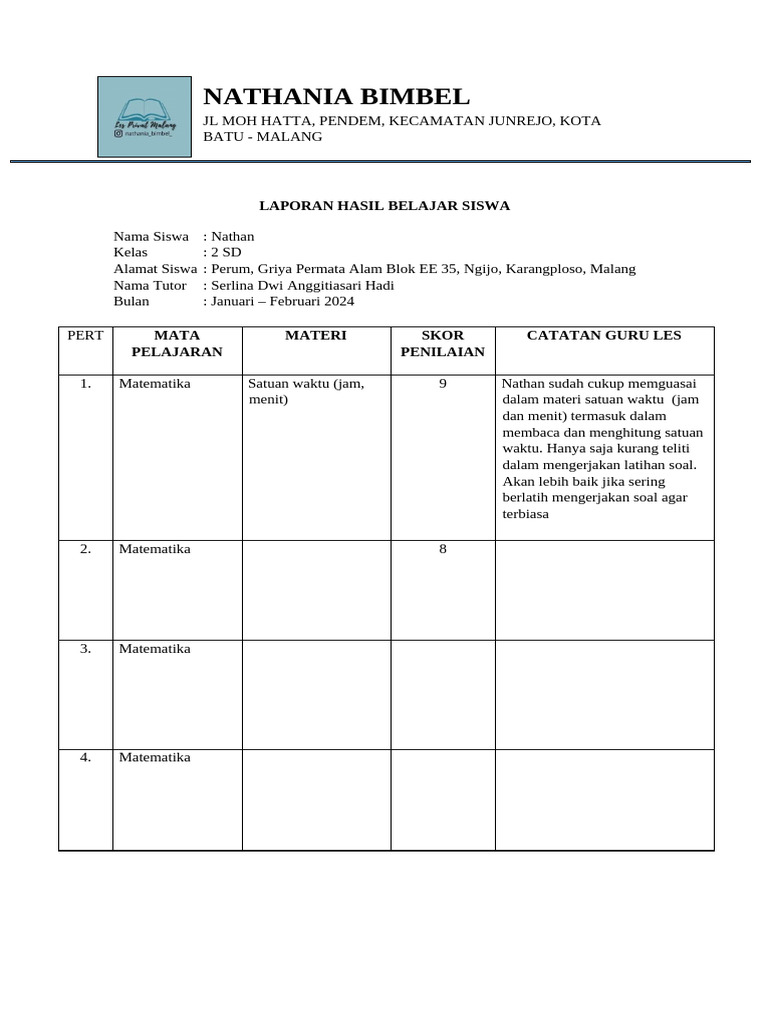 (Gdocs) Format Laporan Hasil Belajar | PDF