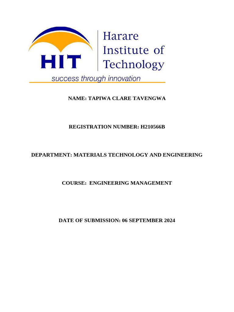 Tapiwa Tavengwa H210566B Engineering Management Assg 1 | PDF