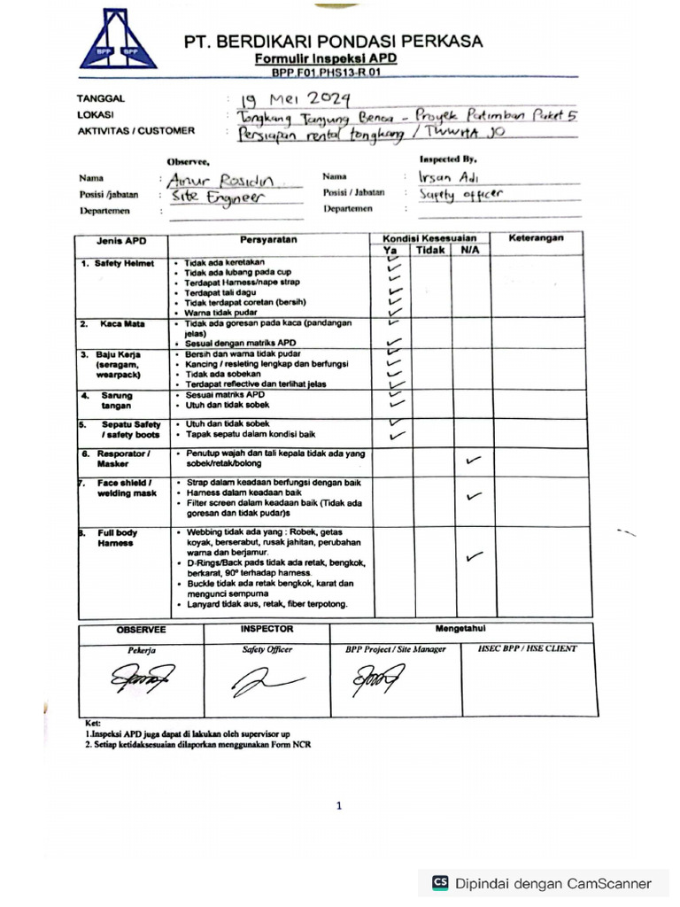 Inspeksi APD Crew Tongkang Tanjung Benoa - Mei 2024 - Irsan Adi | PDF