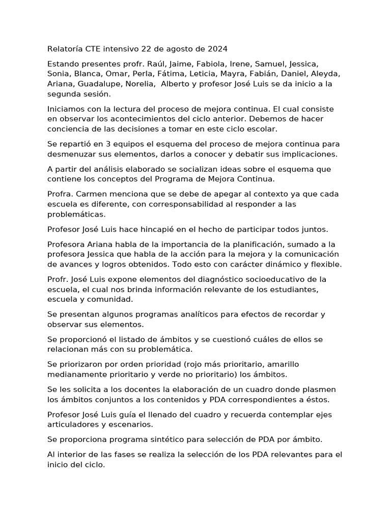 Relatoría CTE Intensivo 22 de Agosto de 2024 | PDF