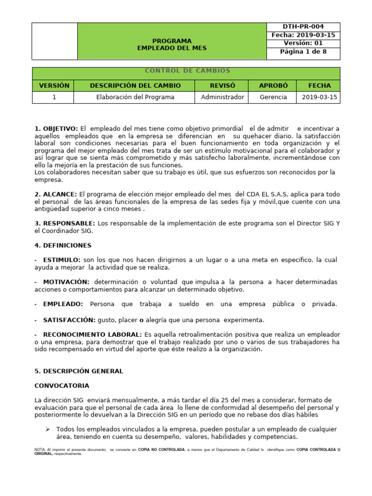DTH-PR-004 Programa empleado del mes V1 | PDF