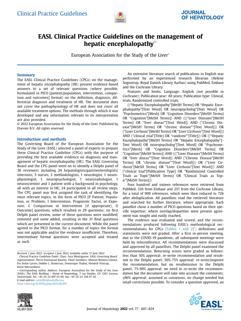EASL Clinical Practice Guidelines On The Management of Hepatic Encephalopathy2022 | PDF