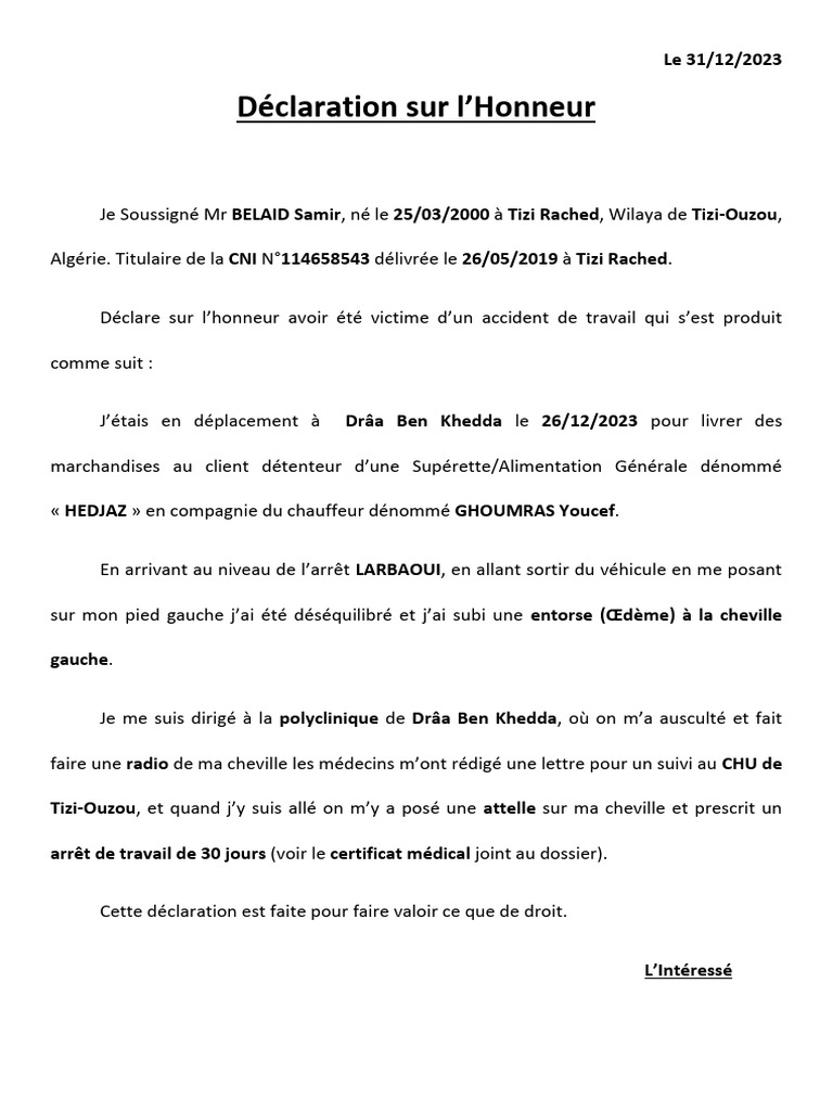 Déclaration Sur L'honneur | PDF