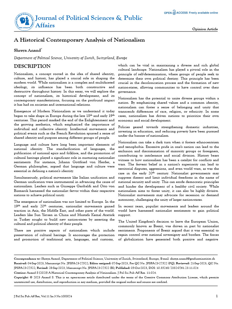 A Historical Contemporary Analysis of Nationalism | PDF