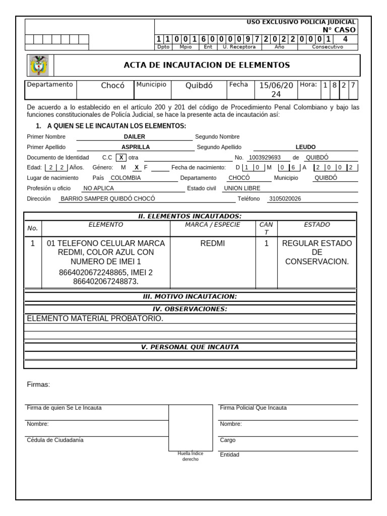 Acta de Incautacion de Elementos Dailer | PDF | Documento de identidad ...