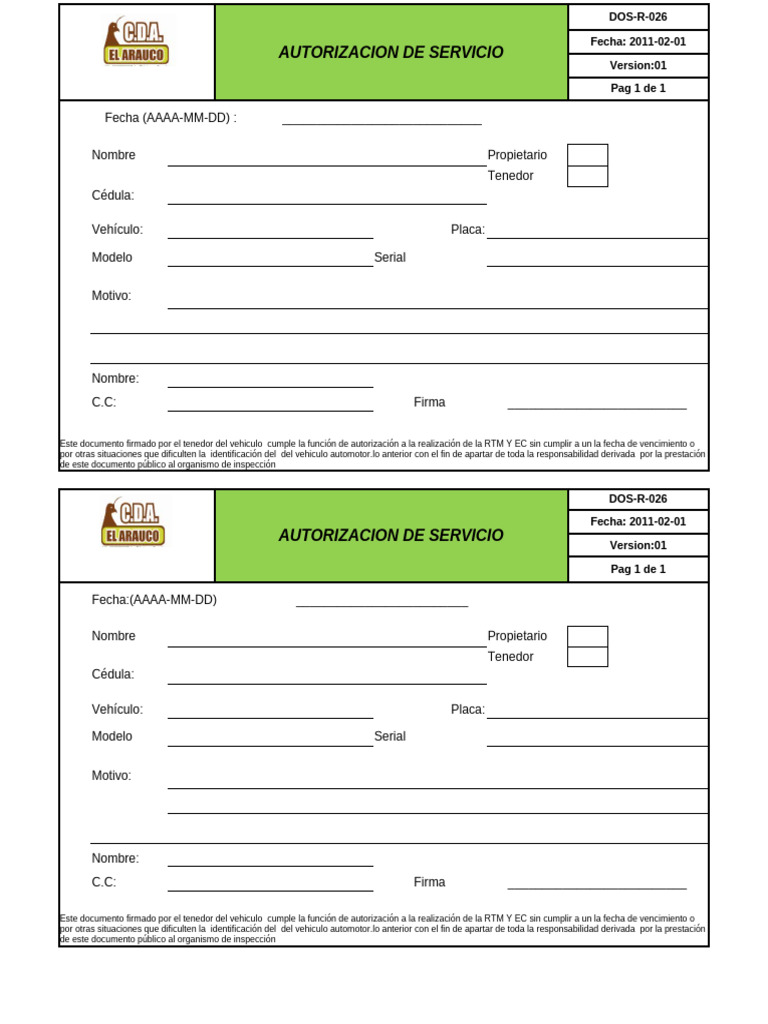 DOS-R-026 Autorizacion de Servicio V1 | PDF