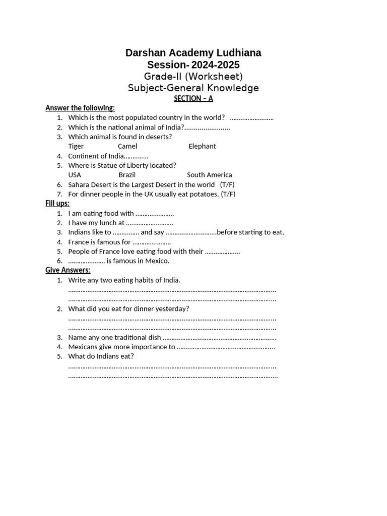 Grade 2 GK Worksheet For Class-2 | PDF