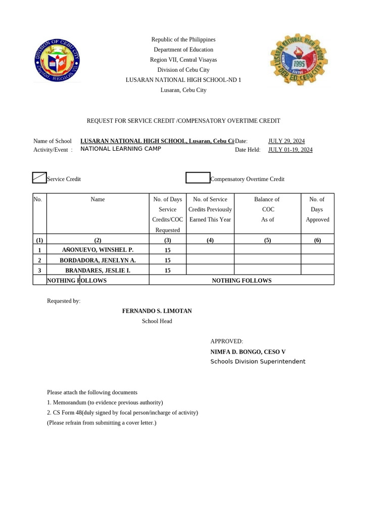 Request For Service Credits During NLC, 2024 | PDF