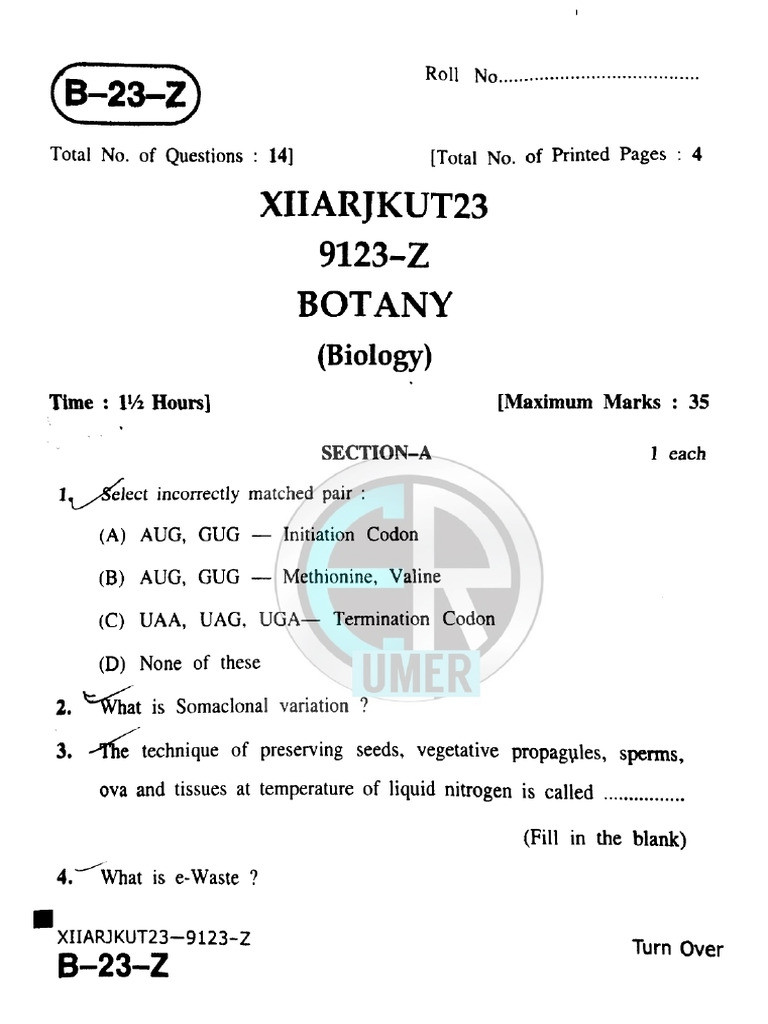 Class 12th BOTANY Previous 3 Years Question Paper | PDF