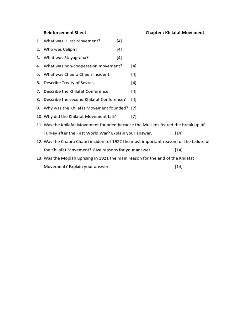 Reinforcement Sheet Khilafat Movement | PDF