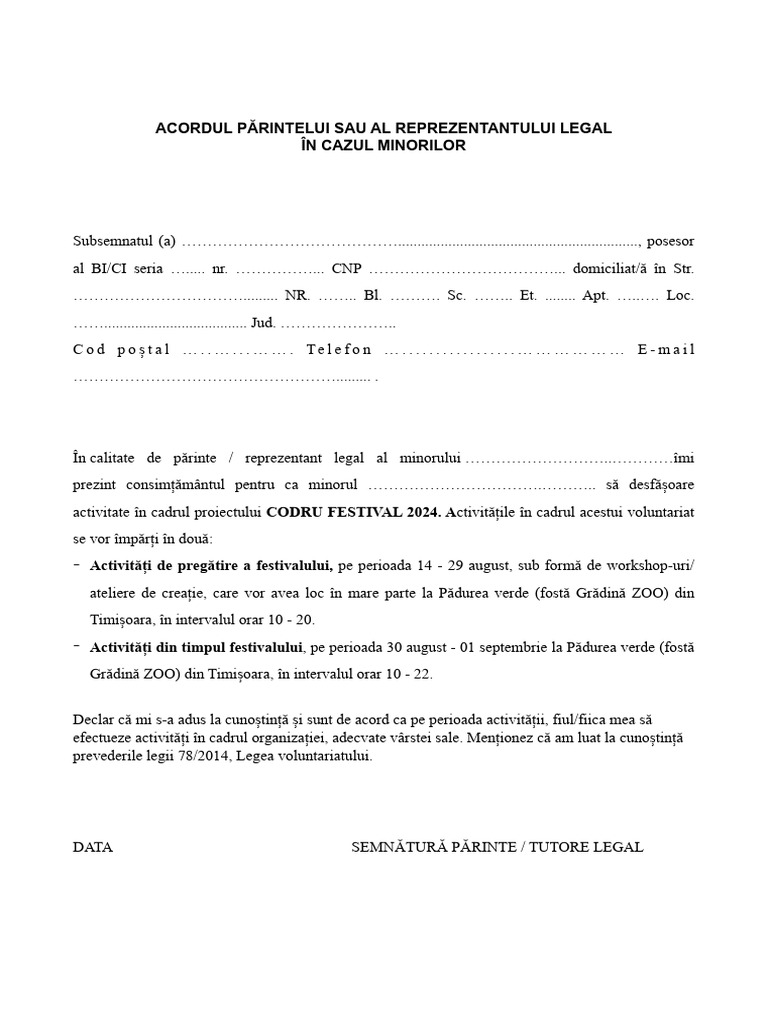 Model Adeverință Acord Parental | PDF