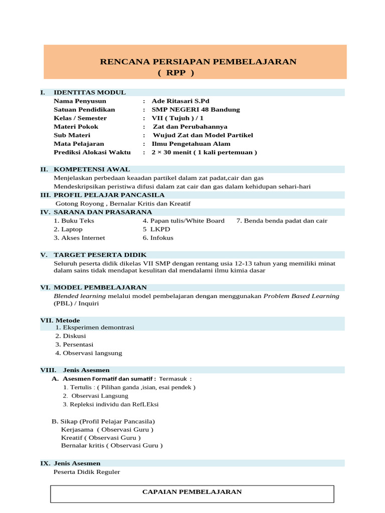 RPP IPA Kls VII Bab 2 Perubahan Wujud Dan Zat | PDF