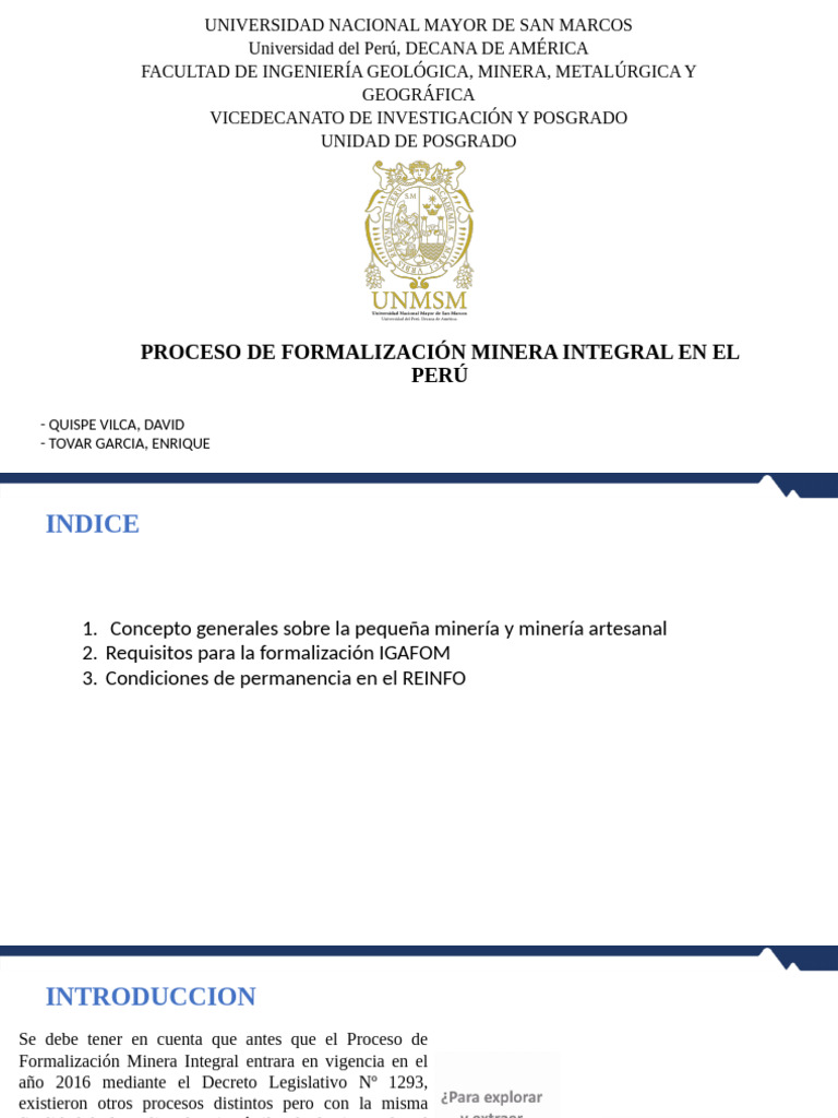 Proceso de Formalización Minera Integral en El Perú - Grupo 5 | PDF