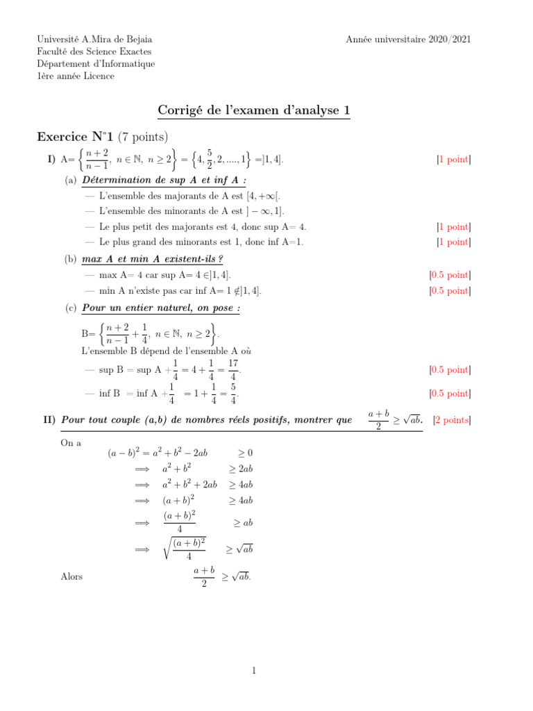 Corrigé Examen Analyse 1 | PDF