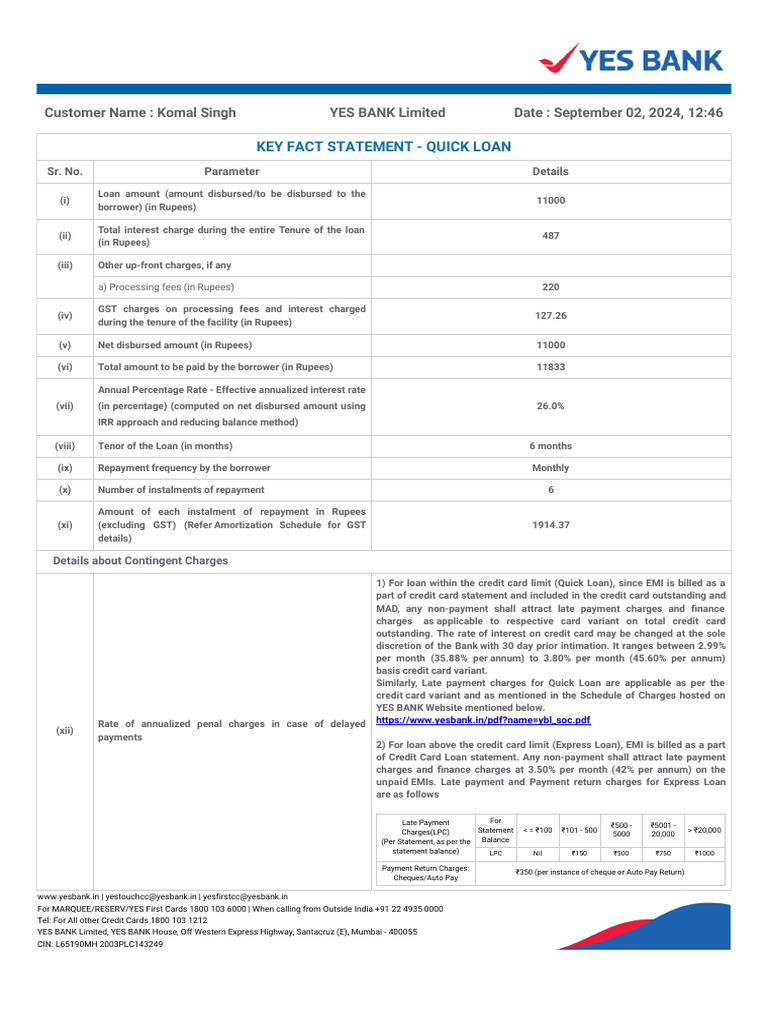 Key Fact Statement - Quick Loan: Customer Name: Komal Singh YES BANK ...