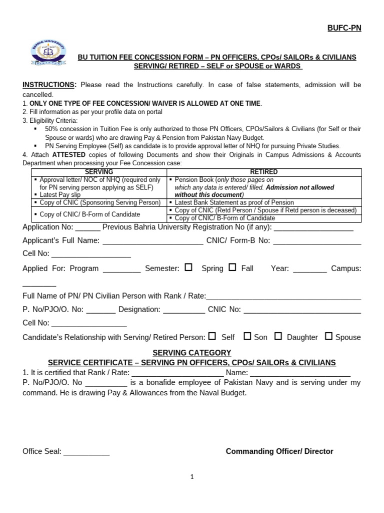BU Fee Concession Form PN BUFC PN | PDF