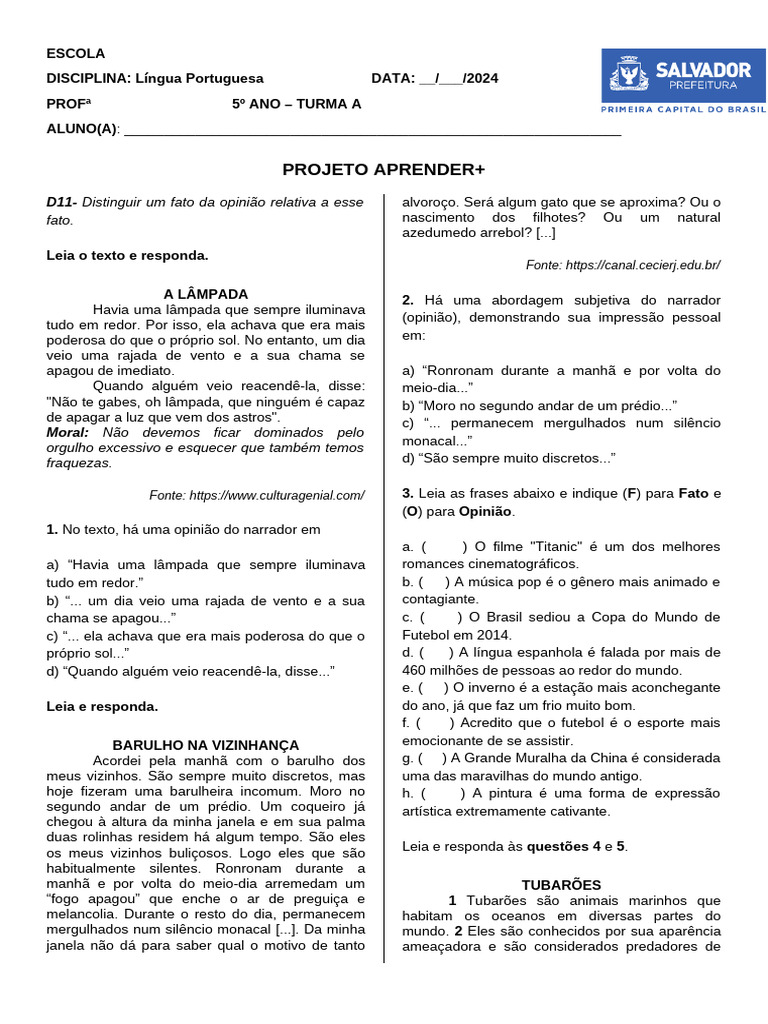 D11 - Distinguir Um Fato Da Opinião Relativa A Esse Fato - 5º Ano | PDF ...