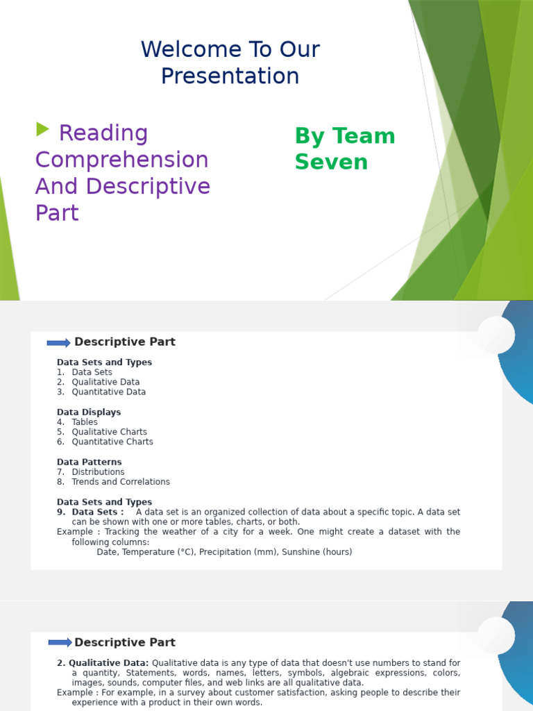 Welcome To Our Presentation: Reading Comprehension and Descriptive | PDF