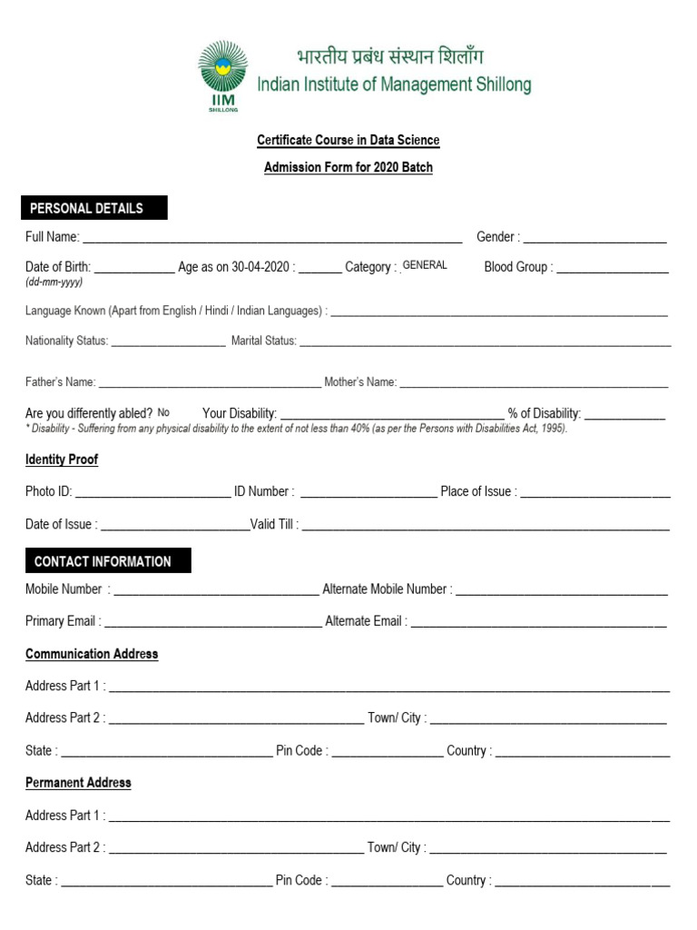 Iinstiitute of Science Admission Form | PDF