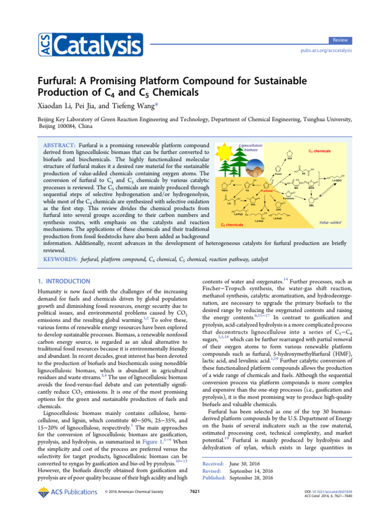 Li Et Al 2016 Furfural A Promising Platform Compound For Sustainable ...