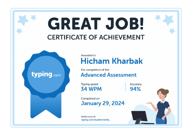 Hicham Kharbak: Advanced Assessment 34 WPM 94% January 29, 2024 | PDF