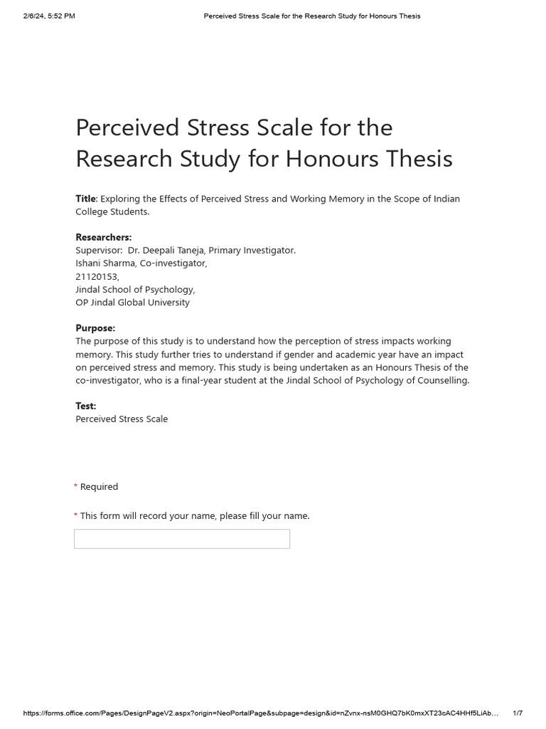 Perceived Stress Scale For The Research Study For Honours Thesis | PDF
