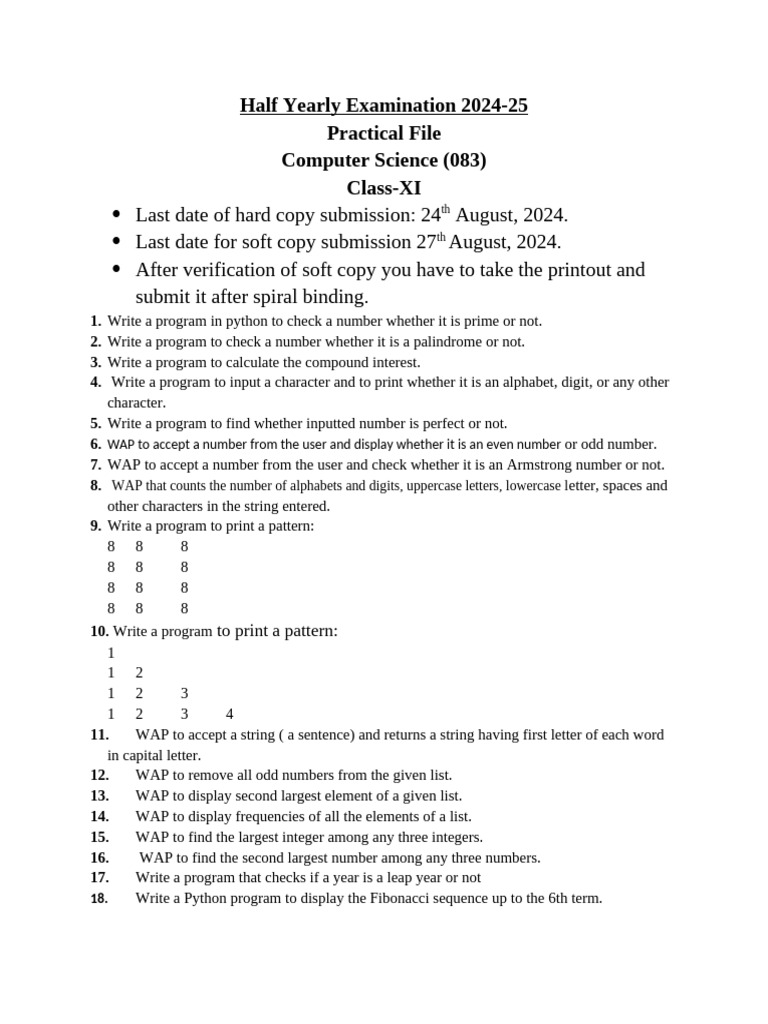 Half Yearly Practical File-XI CS | PDF Half Yearly Practical File-XI CS | PDF