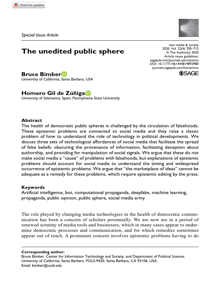 Bimber Gil de Zuniga 2020 The Unedited Public Sphere | PDF