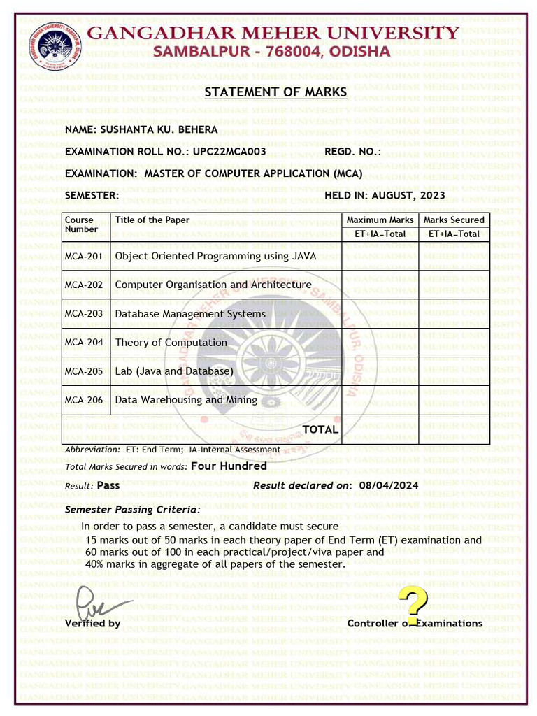 Marksheet - UG PG SEM II IV 2023 - MCA SEM II 2023 2 - Signed | PDF