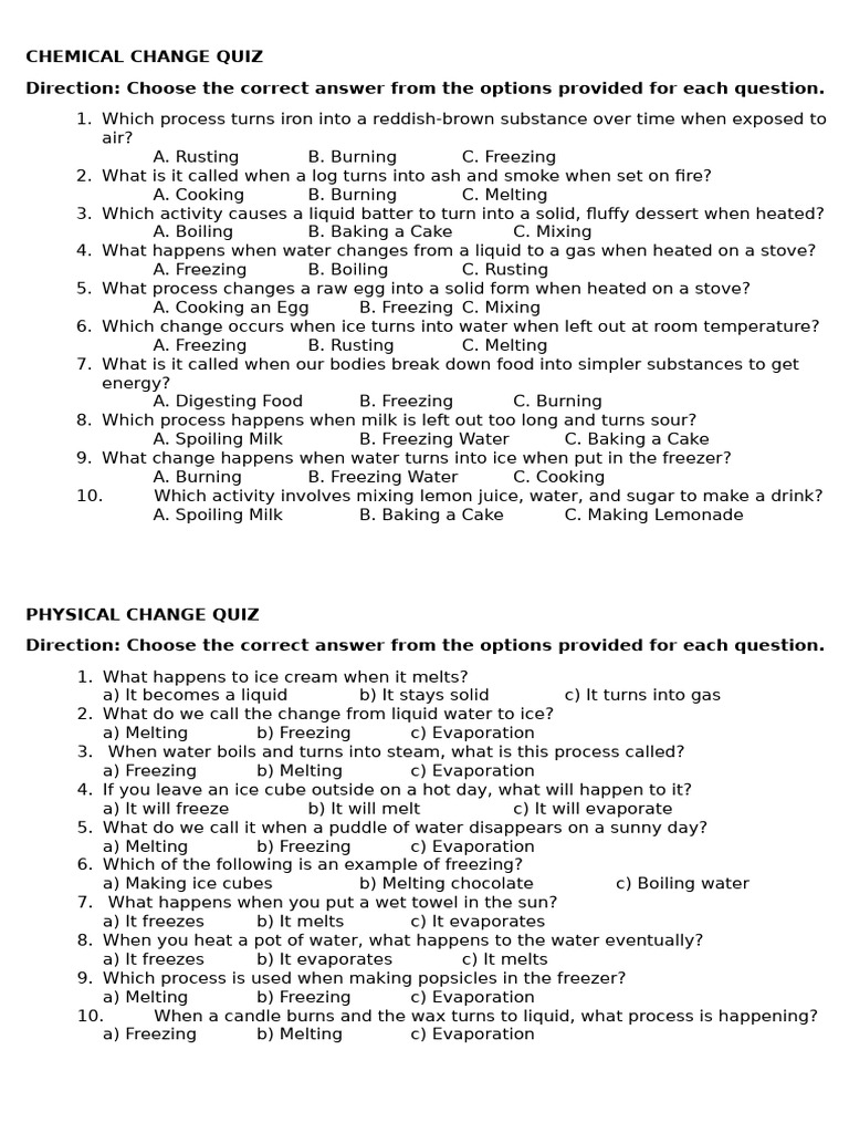 Quiz Physical Change-Chemical Change | PDF | Water | Science & Mathematics