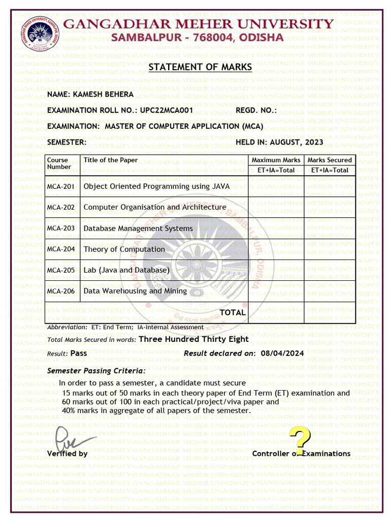 Marksheet - UG PG SEM II IV 2023 - MCA SEM II 2023 1 - Signed | PDF