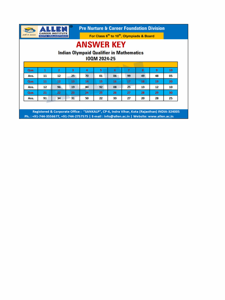 IOQM 2024 Prelims Answer Key | PDF