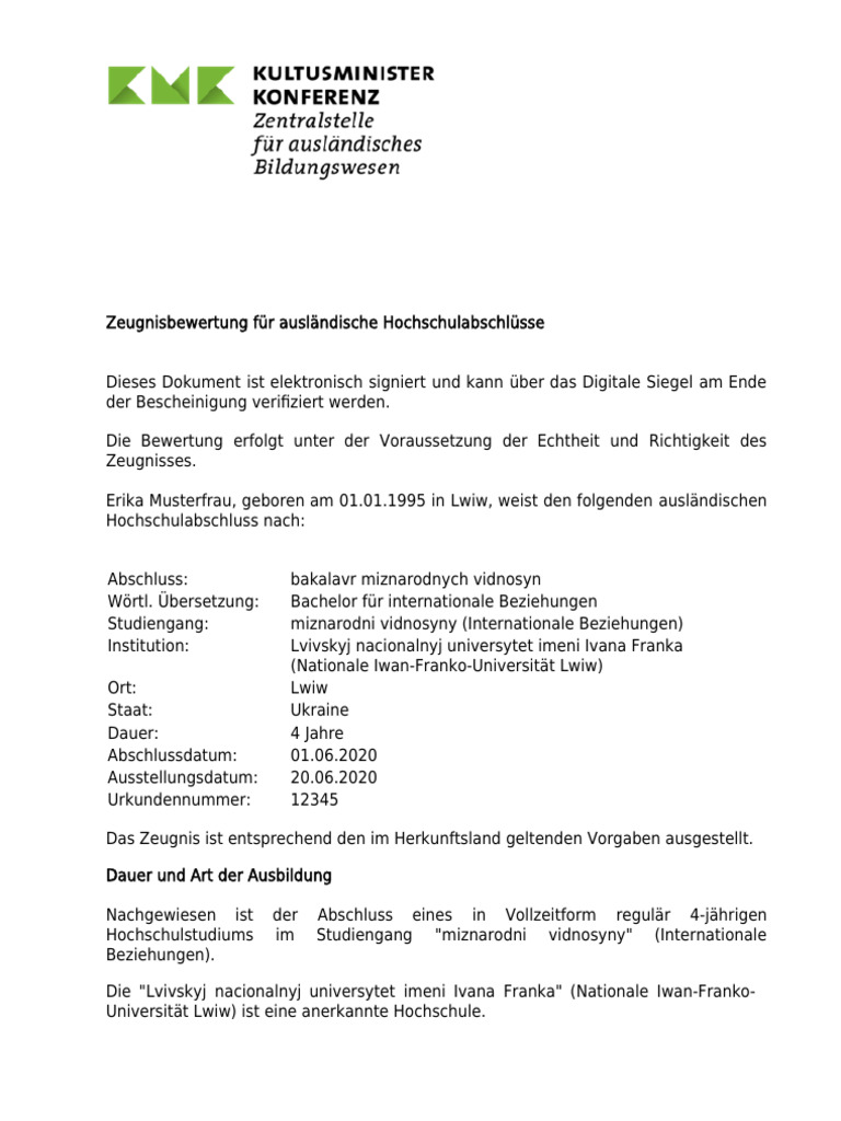 Musterbescheinigung Zeugnisbewertung ZAB | PDF