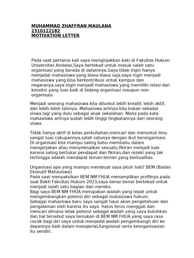 Motivation Letter Bem NM MZM | PDF
