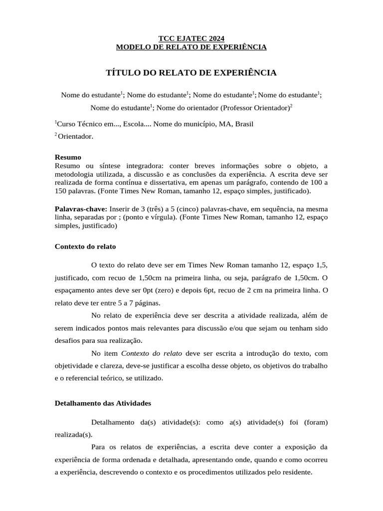 TCC 2024 - Modelo de Relato de Experiência | PDF